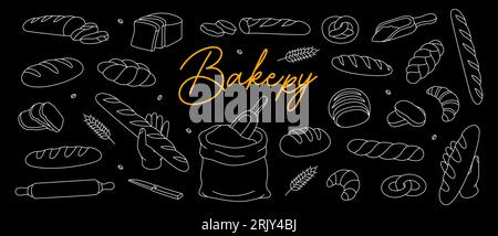 Bakery horizontal outline banner. Breads and pastry menu illustration ...