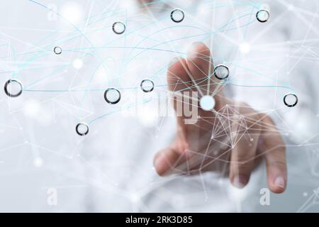 A person pointing at a network of data with connecting dots Stock Photo ...