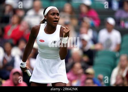 Coco Gauff of the U.S. reacts as she plays against Mayar Sherif of ...