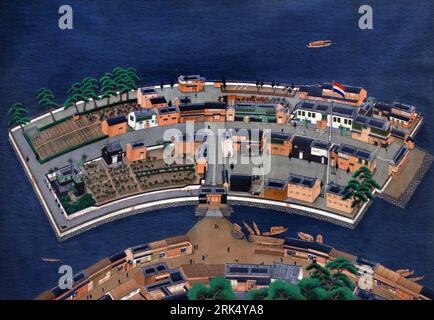 Japan: Dejima Island, Nagasaki, with the Dutch flag is flying over the ...