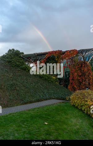 beautiful modern library gardens at Warsaw, autumn sunset Stock Photo ...