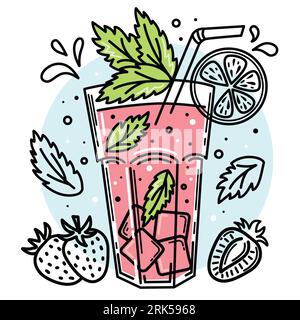 Cartoon flat style drawing lemonade served with ice cubes, hand holding ...