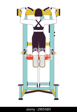 Woman pulling up on pullup machine flat line black white vector ...