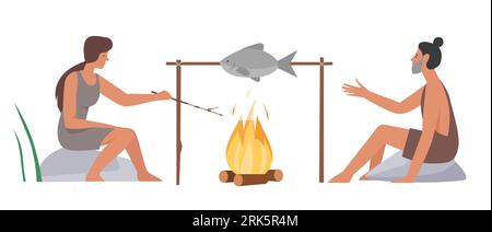 Primitive couple roasting fish. Stone old age dinner, ancient people ...