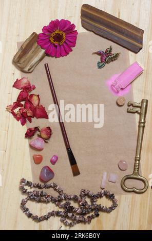 Pink Flower With Pink Stones and Brass Key on old Paper Pink Theme ...