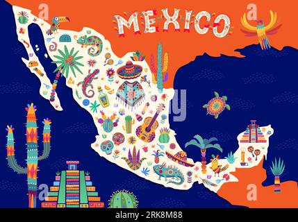 Mexico map with Mexican culture landmarks and national symbols, vector ...