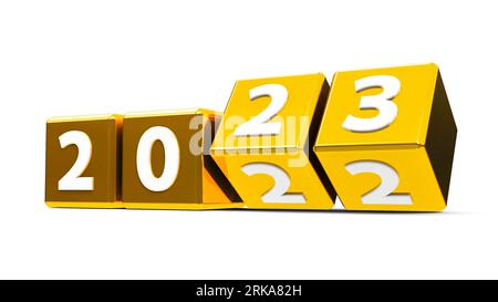White cubes with 2022-2023 change on a white table represents the new 2023 year, three ...