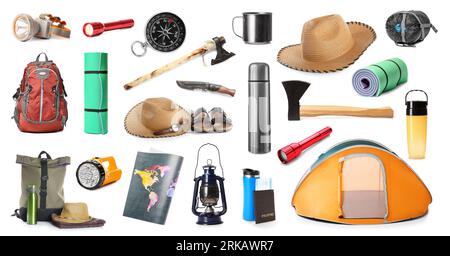 Group of traveler's accessories on white background Stock Photo - Alamy