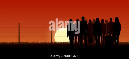 Immigration. Silhouettes of people walking outdoors at sunset ...