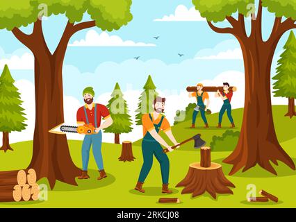 Men Chopping Wood and Cutting Tree with Lumberjack Work Equipment ...
