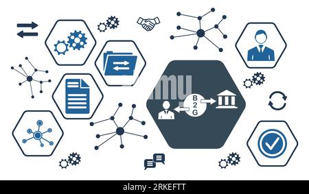 Concept of b2g with icons in hexagons connected to abstract network ...