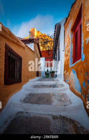 View of Acropolis from Anafiotika neighborhood in the old town Stock ...