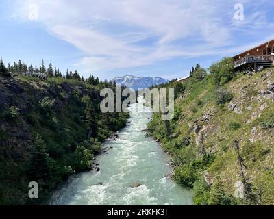 An aerial view of the Tutshi River and its canyon in British Columbia ...