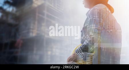 Double exposure of engineer working construct engineer standing safety ...