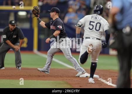 Cleveland Guardians right fielder Kole Calhoun makes a catch to get out ...