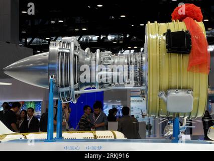 A model of the CJ-1000A high-bypass-ratio turbofan engine is displayed ...