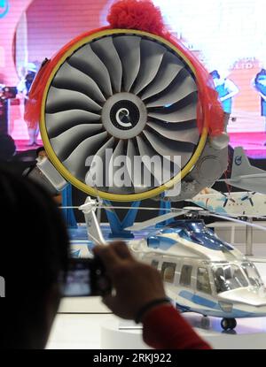 A model of the CJ-1000A high-bypass-ratio turbofan engine is displayed ...
