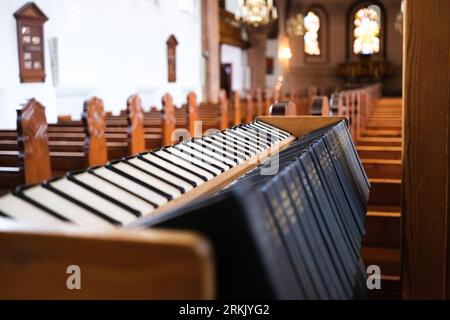 Interior of a nice and simple Protestant church in a Danish town Stock ...