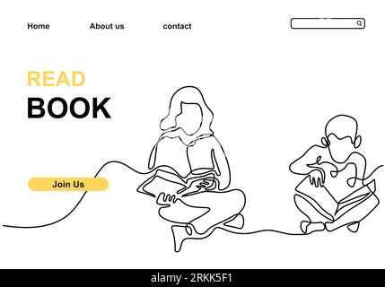 Two children read book continuous line drawing minimalism style. Two ...