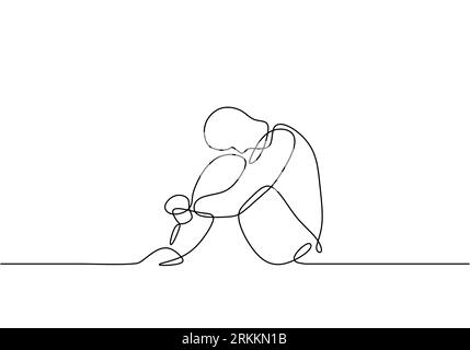 continuous line drawing of Exhausted sad young man covering his face by ...