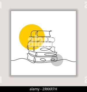 Continuous line drawing. Stack of books with apple. Vector illustration ...