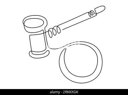 Continuous line drawing of hammer judge on Black and white background ...