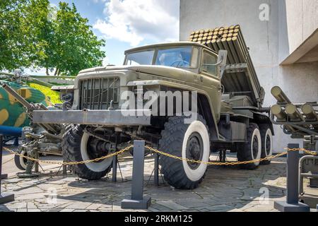The old Soviet multiple launch rocket system BM-21 Grad on the chassis ...