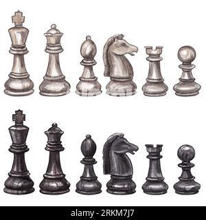 Set of chess and board. Watercolor hand drawn illustration of chess ...