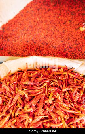 Cairo, Egypt, Africa. Red chili peppers for sale at an outdoor market ...