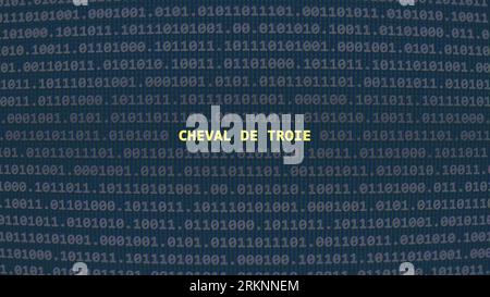 Cyber attack trojan horse. Vulnerability text in binary system ascii art style, code on editor ...
