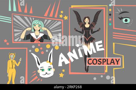 Cosplay anime background with costume and performance symbols flat ...