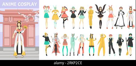Cosplay anime set with subculture symbols flat isolated vector ...