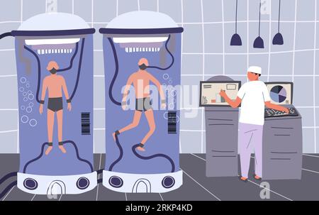 Cloning genetics flat composition with human body in chamber with set ...