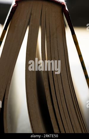 Micro of book pages and copy space on grey background Stock Photo - Alamy