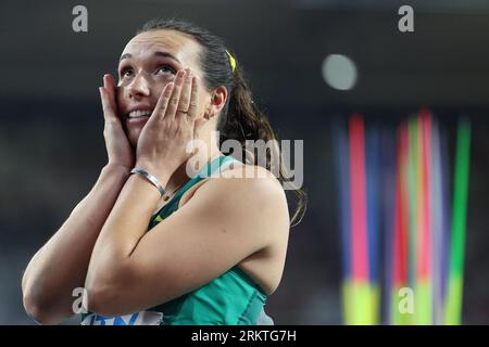 Australia's Mackenzie Little reacts in the women's javelin throw final ...