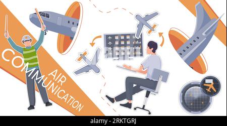 Air control radar screen with airplanes and world map. Vector HUD ui of air traffic control ...