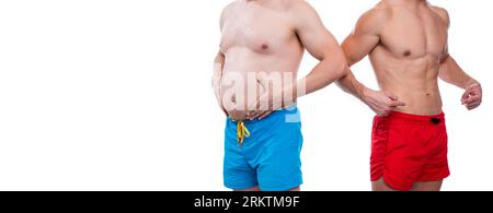 belly abs comparison of men in studio, pointing. cropped view of men ...
