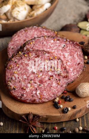 Sliced salami using beef meat with spices, fresh and delicious beef ...