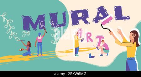 Mural artist flat composition with doodle human characters painting ...