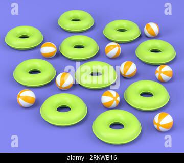 Colorful inflatable rings and balls on violet background, summer ...