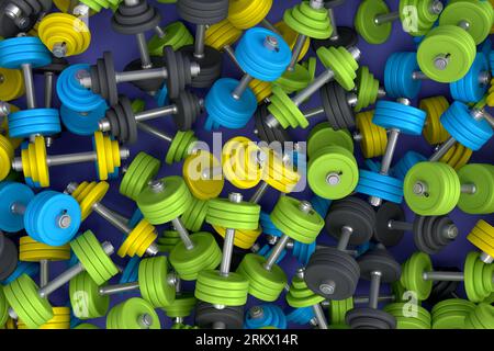 Pile of sport equipment like kettlebell, fitness ball, barbell and yoga ...
