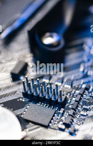 Motherboard with sockets and microchips close-up on desktop PC in ...
