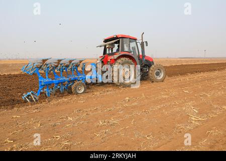 Farmers flatten their land with turning ploughs for spring ploughing ...