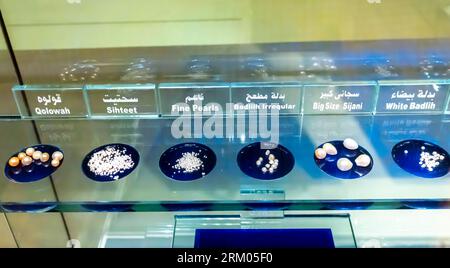 Pearls display in Bahrain National Museum. Variety of Bahraini pearls ...
