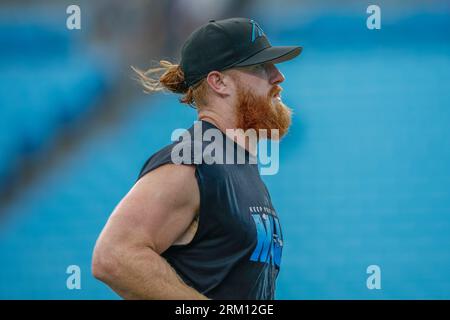 Carolina Panthers tight end Hayden Hurst (81) runs onto the field at ...