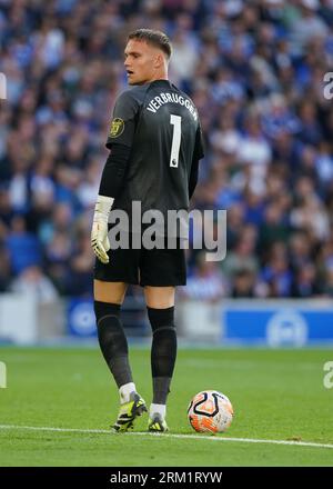 Brighton and Hove Albion's Bart Verbruggen in action during the Carabao ...