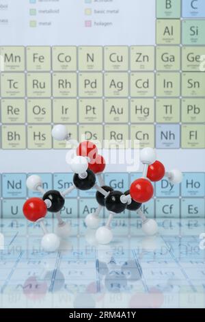 Molecular model on mirror surface against periodic table Stock Photo ...