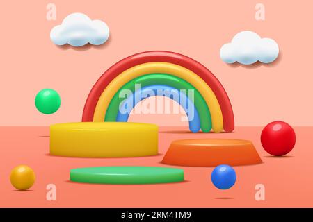 3D kid podium stage with space rocket, galaxy planets and stars, vector ...