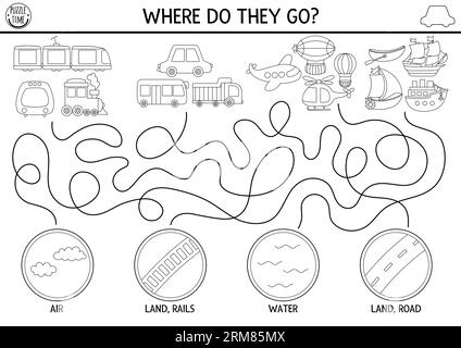 Transportation black and white maze for kids with school bus and pupils ...