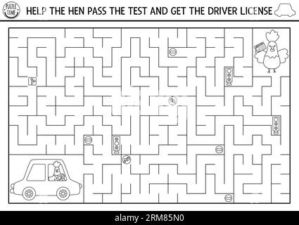 Transportation black and white maze for kids with school bus and pupils ...